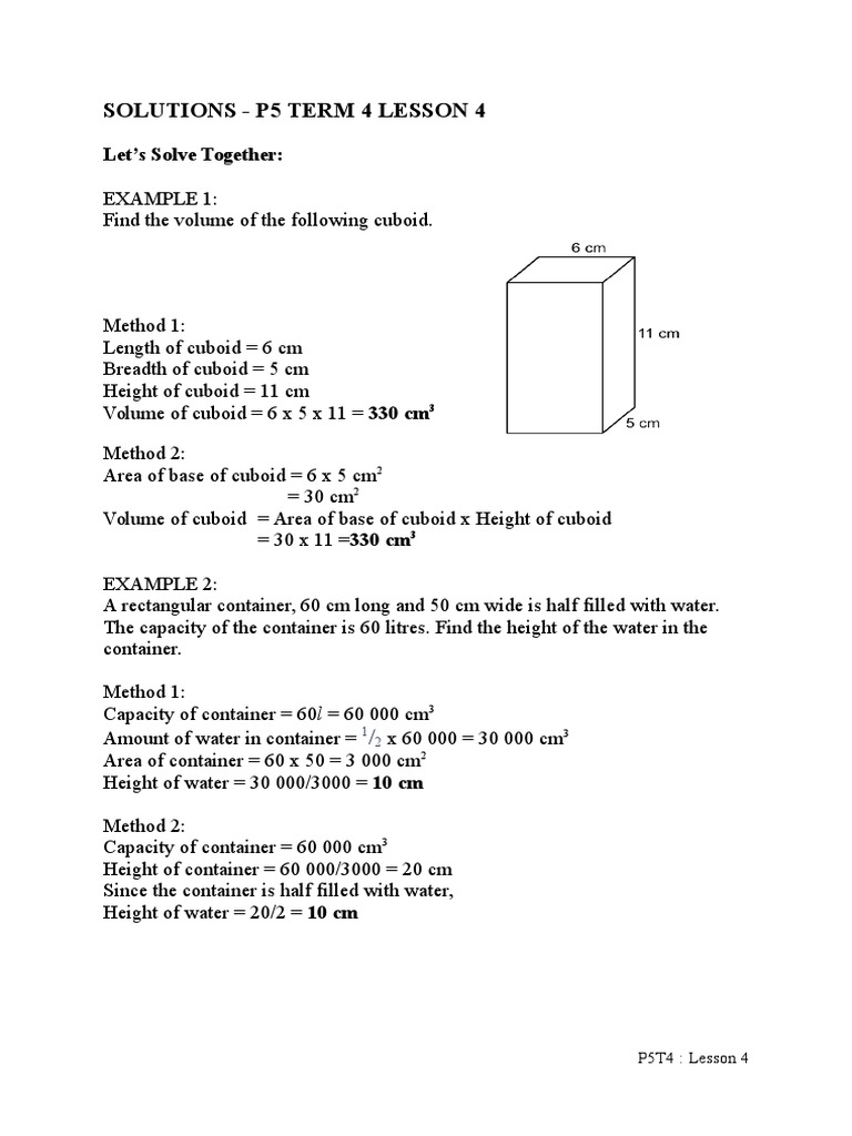 Solutions - P5 Term 4 Lesson 4: Let's Solve Together | PDF | Litre | Volume