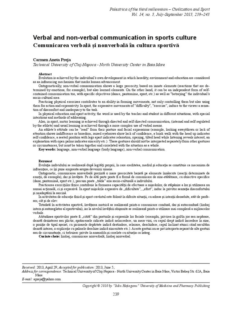 Verbal and Non-Verbal Communication in Sports Culture Comunicarea Verbală Şi Nonverbală În ...