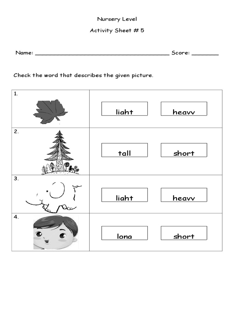Heavy Light: Nursery Level Activity Sheet # 5 | PDF