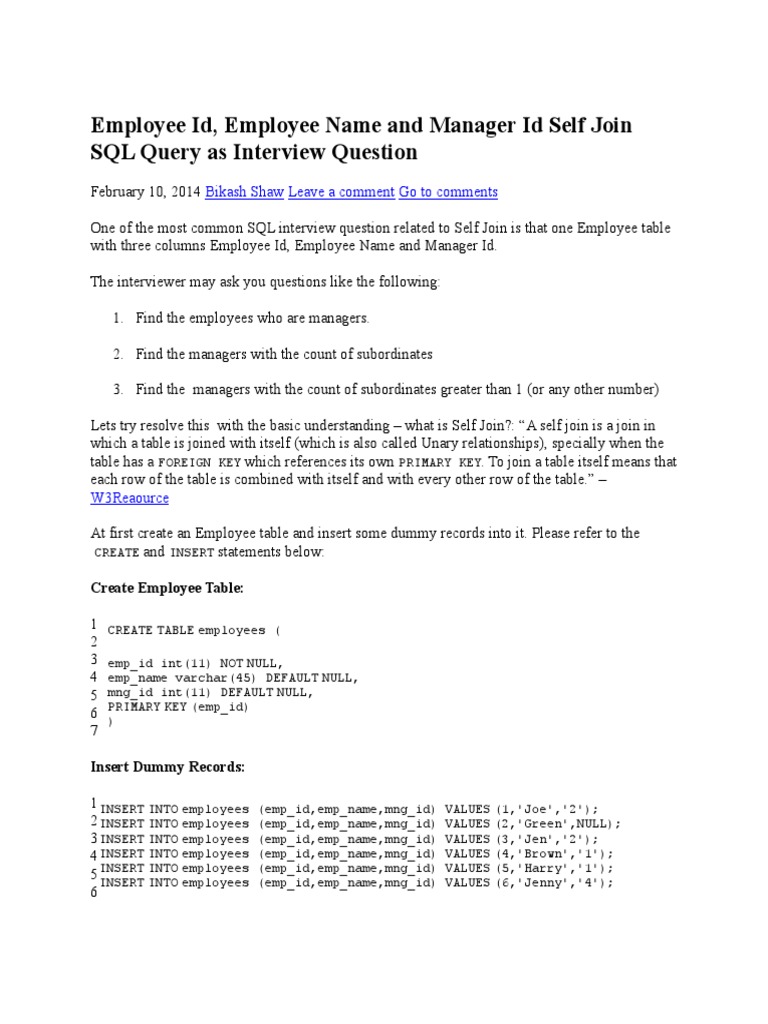Employee Id, Employee Name and Manager Id Self Join SQL Query As Interview Question | PDF | Sql ...