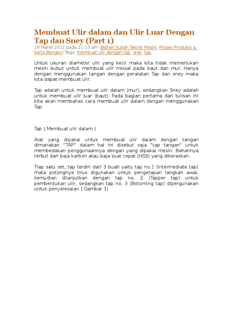 Membuat Ulir Dalam Dan Ulir Luar Dengan Tap Dan Sney | PDF | Metode ...