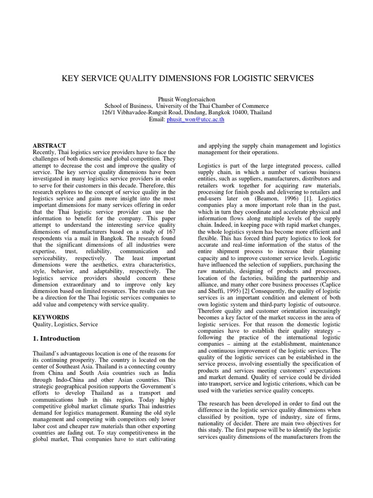 Key Service Quality Dimensions For Logistic Services: Phusit - Won@utcc ...