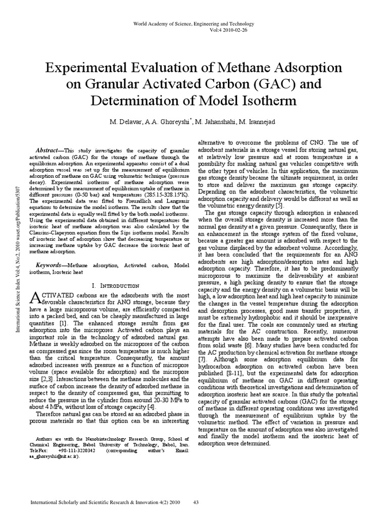 Experimental Evaluation of Methane Adsorptionon Granular Activated ...