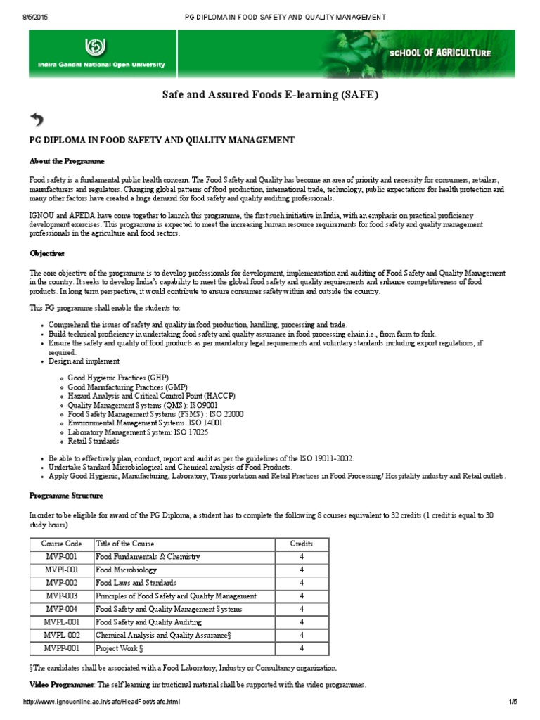 PG Diploma in Food Safety and Quality Management | PDF | Hazard ...