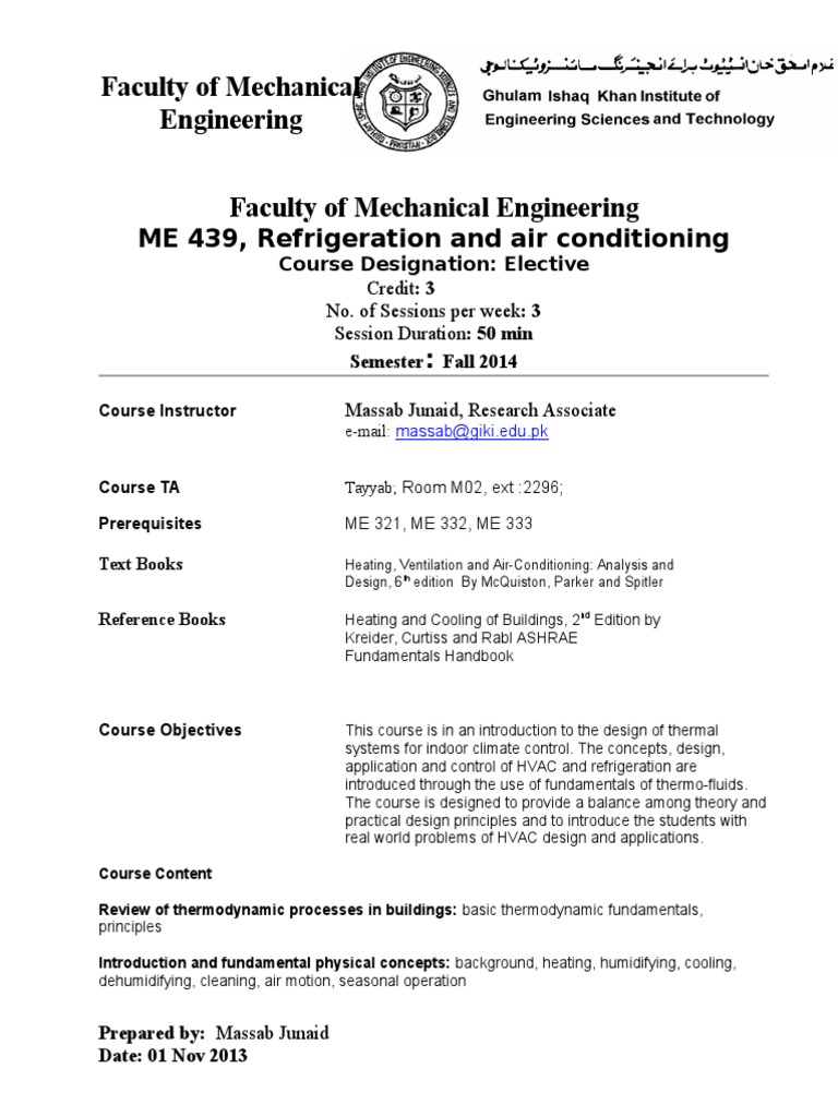 ABET Format Course Outline For ME439 | PDF | Hvac | Air Conditioning