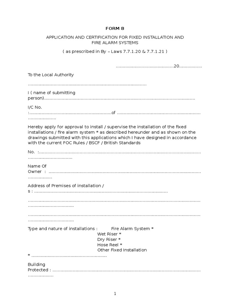 Form B-Application and Certification For Fixed Installation and | PDF