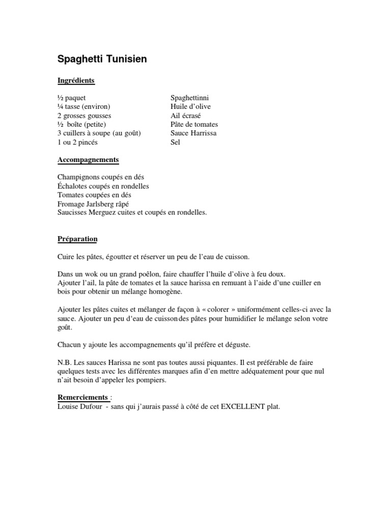 Spaghetti à la tunisienne : recette facile | PDF