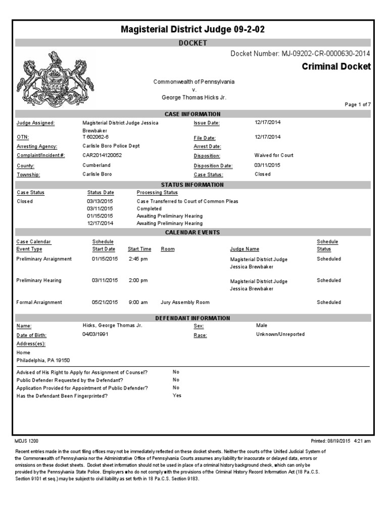 George Hicks JR: Criminal Docket | PDF | Criminal Record | Bail