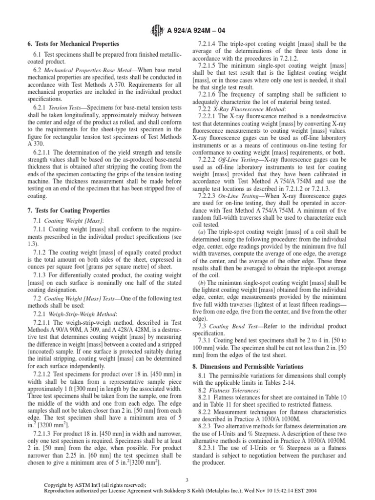 Astm A924 A924m | PDF | Sheet Metal | Mass