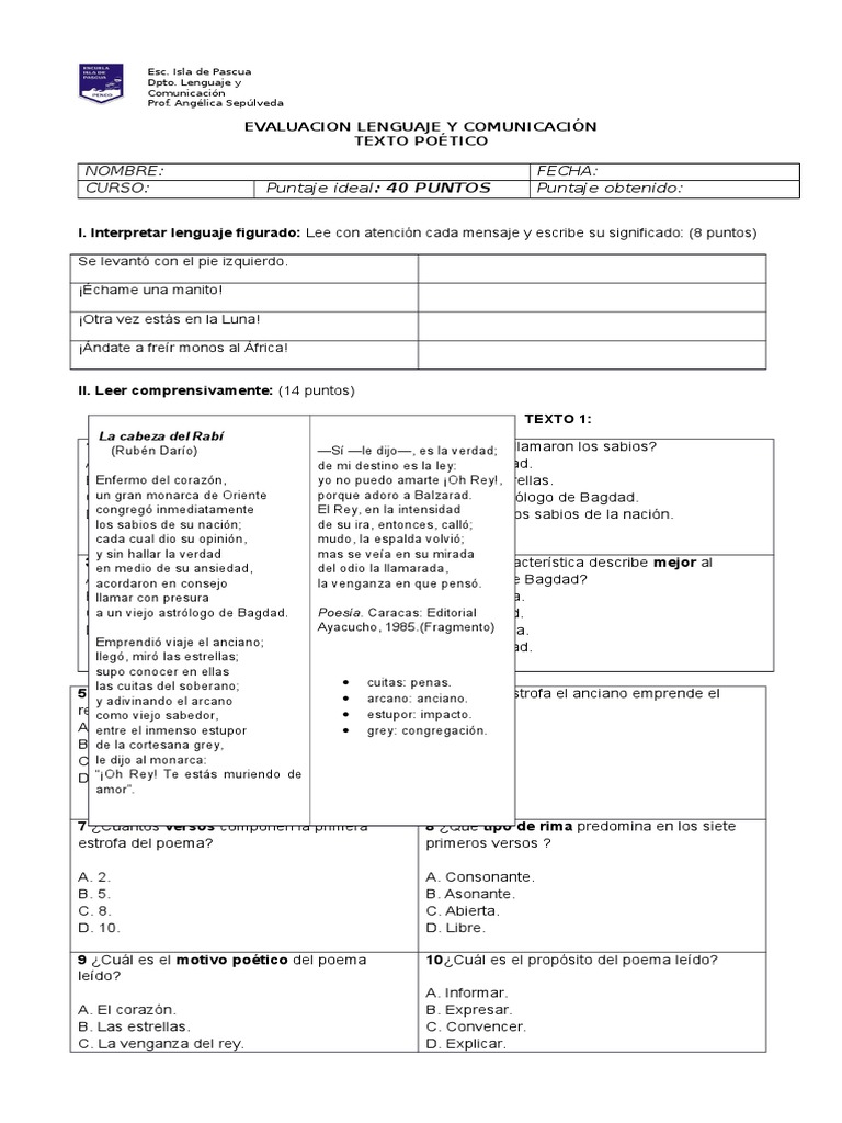 Prueba Poesia 5° 2015 | PDF | Poesía