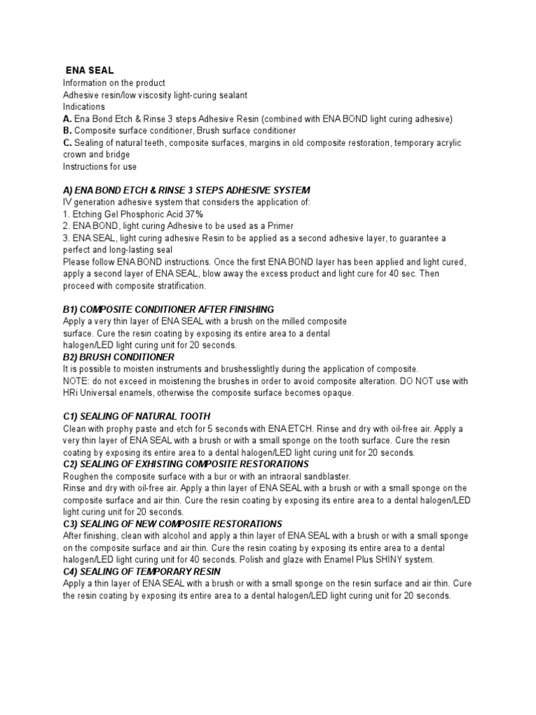 Instructions for Using ENA SEAL Light-Curing Adhesive Resin for Dental ...