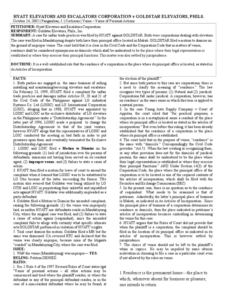 Hyatt Elevators and Escalators Corporation V Goldstar Elevators, Phils ...