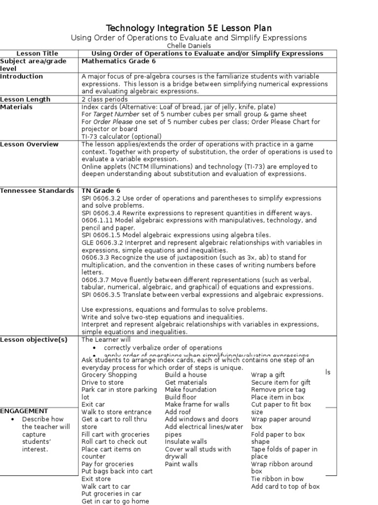 5E Lesson Plan Order of Operations Chelle Daniels | PDF ...