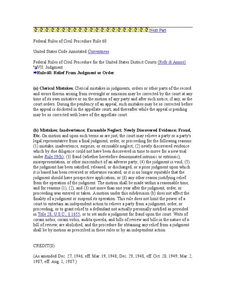 FRCP 60 Relief From Judgment or Order | PDF | Coram Nobis | Federal ...