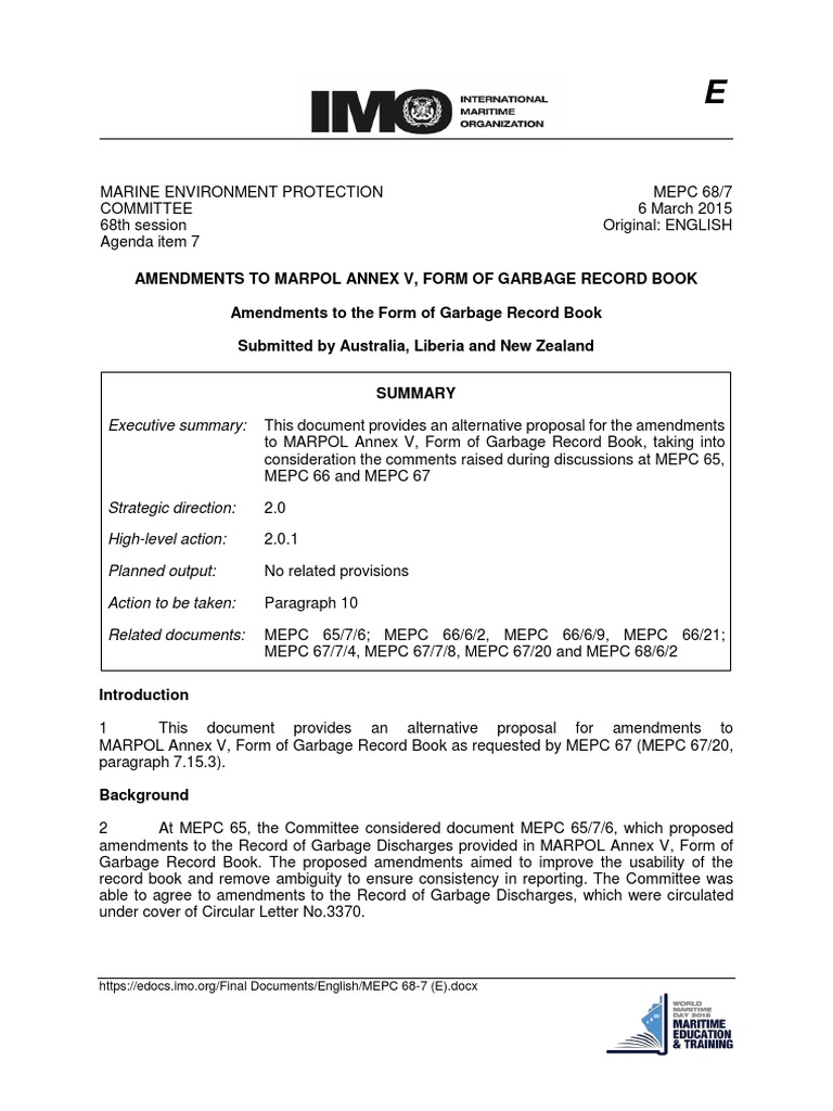 MEPC 68-7 - Amendments To The Form of Garbage Record Book (Australia ...