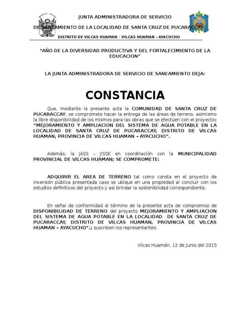 Constancia | Agua y política | Suministro de agua