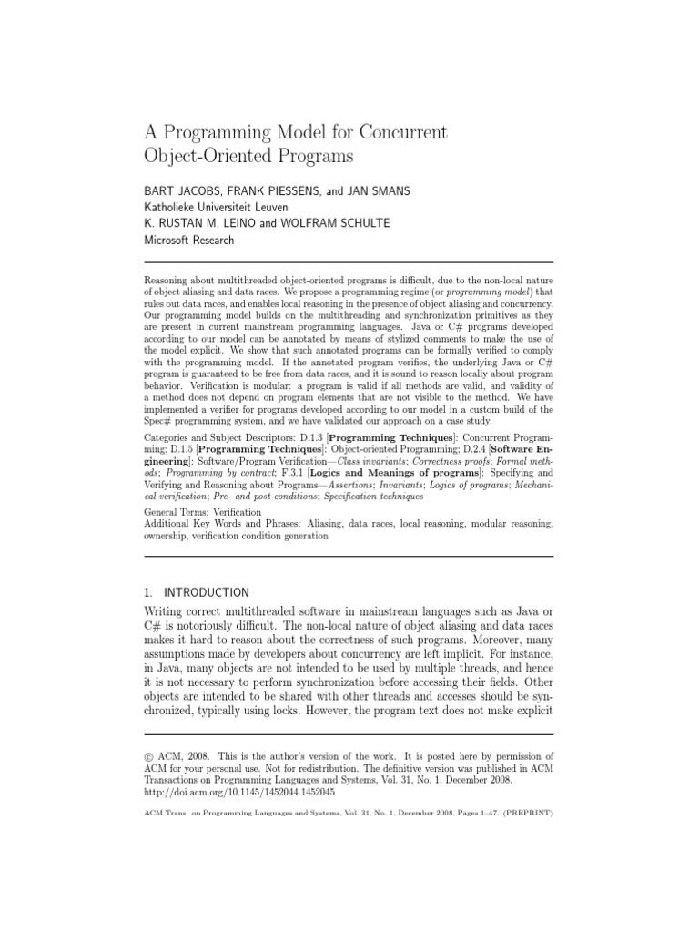 A Programming Model For Concurrent Object-Oriented Programs | PDF ...