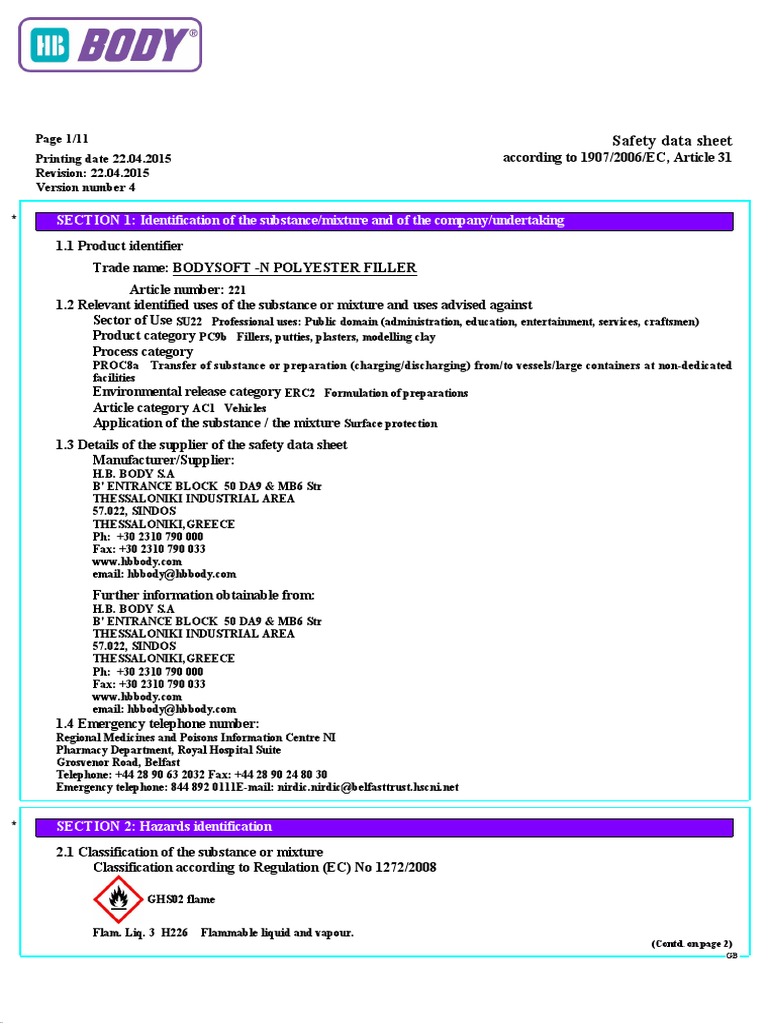 Bodysoft - N Polyester Filler-Gb | PDF | Toxicity | Dangerous Goods
