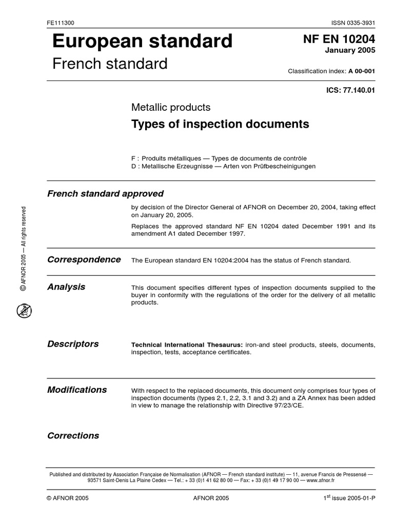 BS EN 10204 2004_05 | Specification (Technical Standard) | European ...