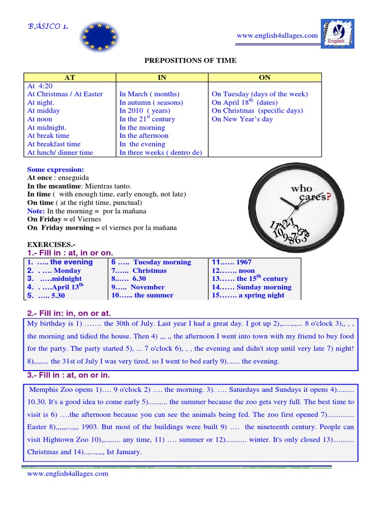 Prepositions of Time: At, In, On | PDF