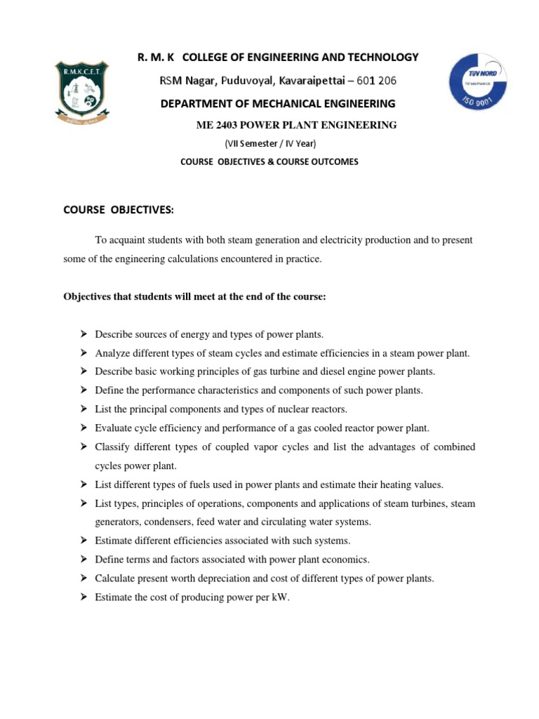 Me 2403 Power Plant Engineering - Course Objectives & Outcomes | PDF ...