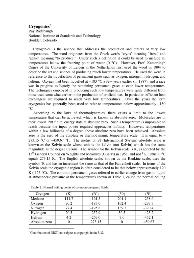 Cryogenics: Table 1. Normal Boiling Points of Common Cryogenic Fluids ...