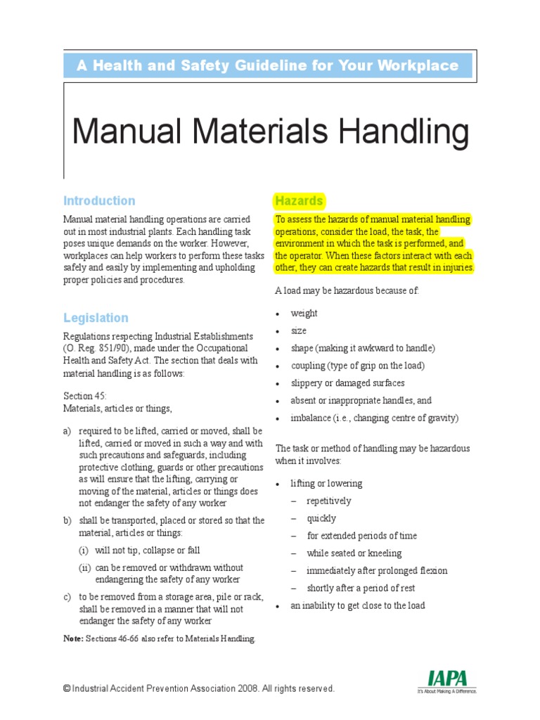 A Health and Safety Guideline For Your Workplace - Manual Materials ...