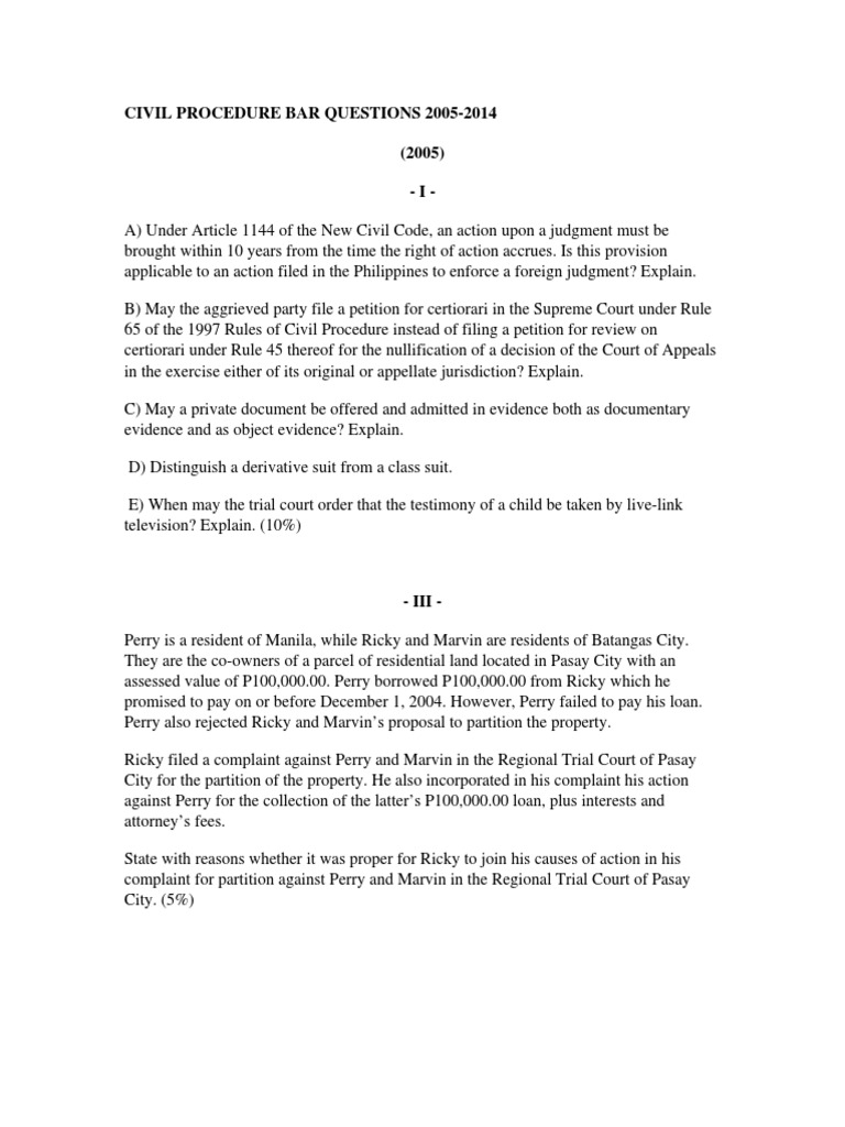 Civil Procedure Bar Questions 2005-2014 | PDF | Lawsuit | Complaint