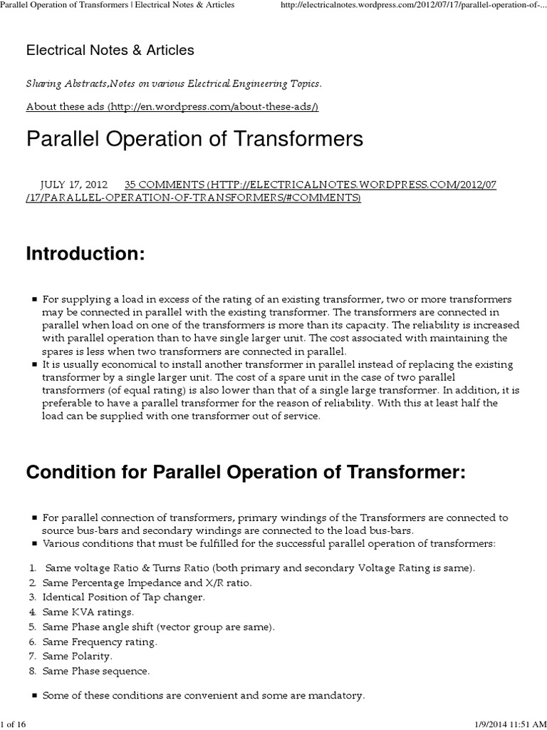 Parallel Operation of Transformers: Conditions, Considerations and Case ...