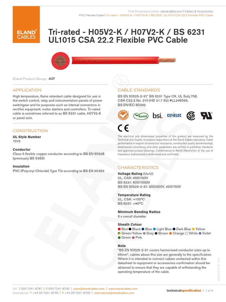 Tri Rated Cable H05V2 K H07V2 K | PDF | Cable | Electrical Conductor