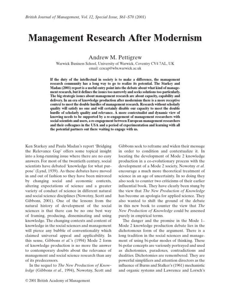 Management Research After Modernism, Andrew M. Pettigrew | PDF | Social ...