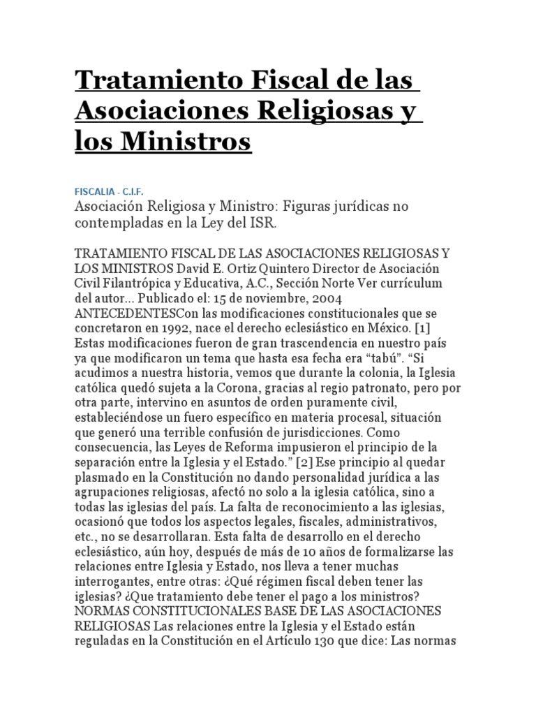Tratamiento Fiscal de Las Asociaciones Religiosas y Los Ministros ... Tratamiento Fiscal de Las Asociaciones Religiosas y Los Ministros ...