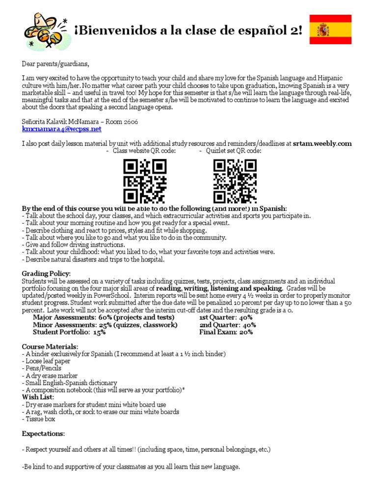 Spanish 2 Syllabus 2015-2016 | PDF | Teaching And Learning | Languages