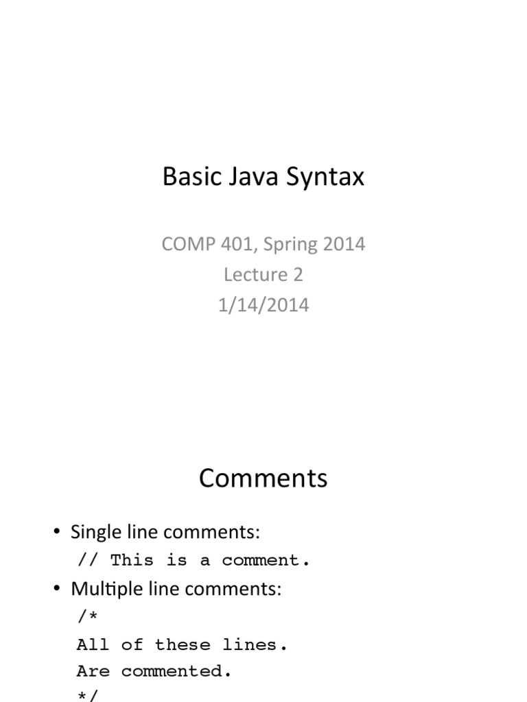 Comp401sp14lec02Basic Java Syntax | PDF | Control Flow | Scope (Computer Science)