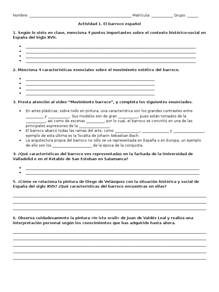 Examen sobre el Barroco Español | PDF