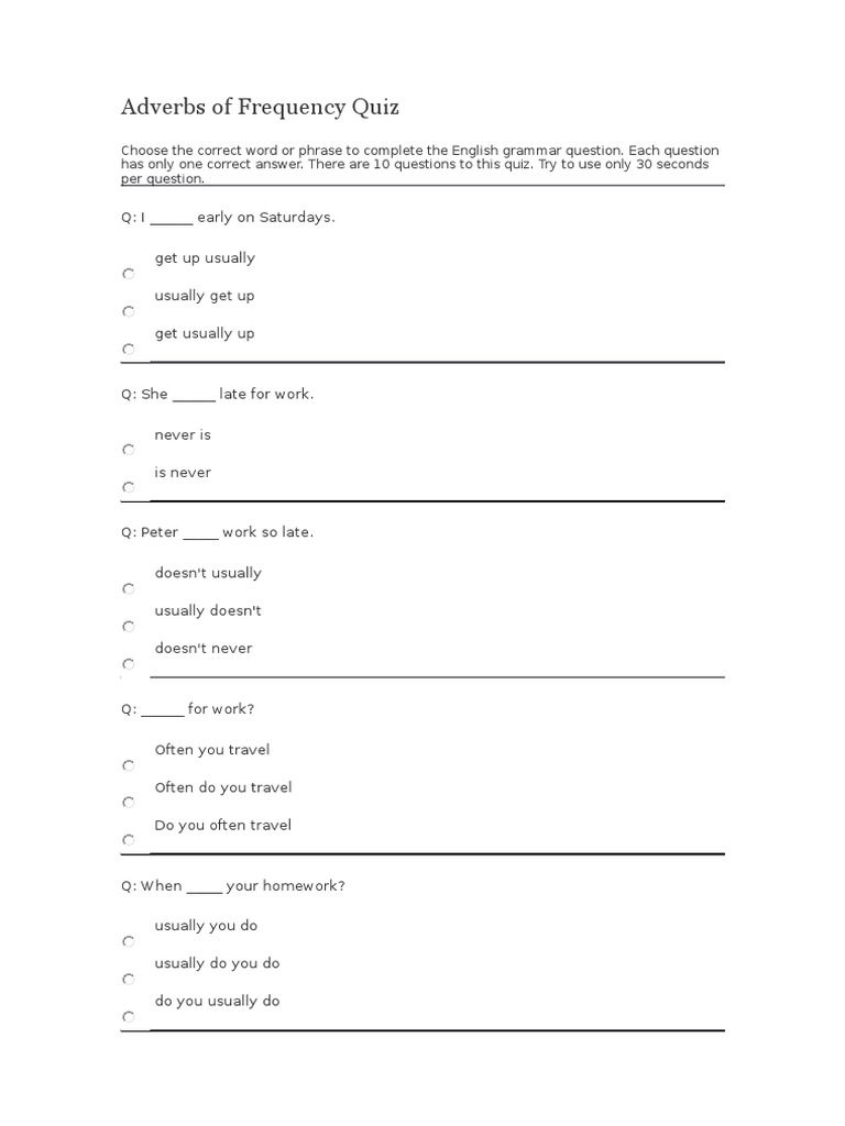 Adverbs of Frequency Quiz | PDF | Verb | Adverb
