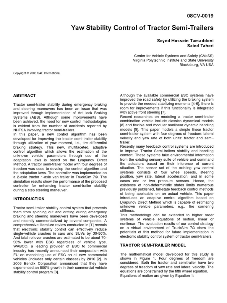 (08CV-0019) Yaw Stability Control of Tractor Semi-Trailers | PDF | Semi ...