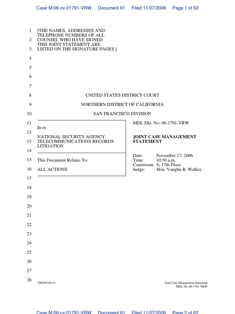 Joint Case Management Statement MDL 06-1791 | PDF | Discovery (Law ...