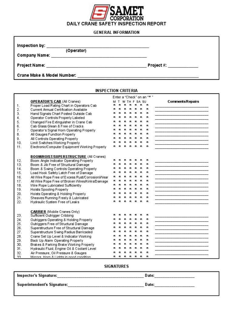 Samet Daily Crane Safety Inspection Report | PDF