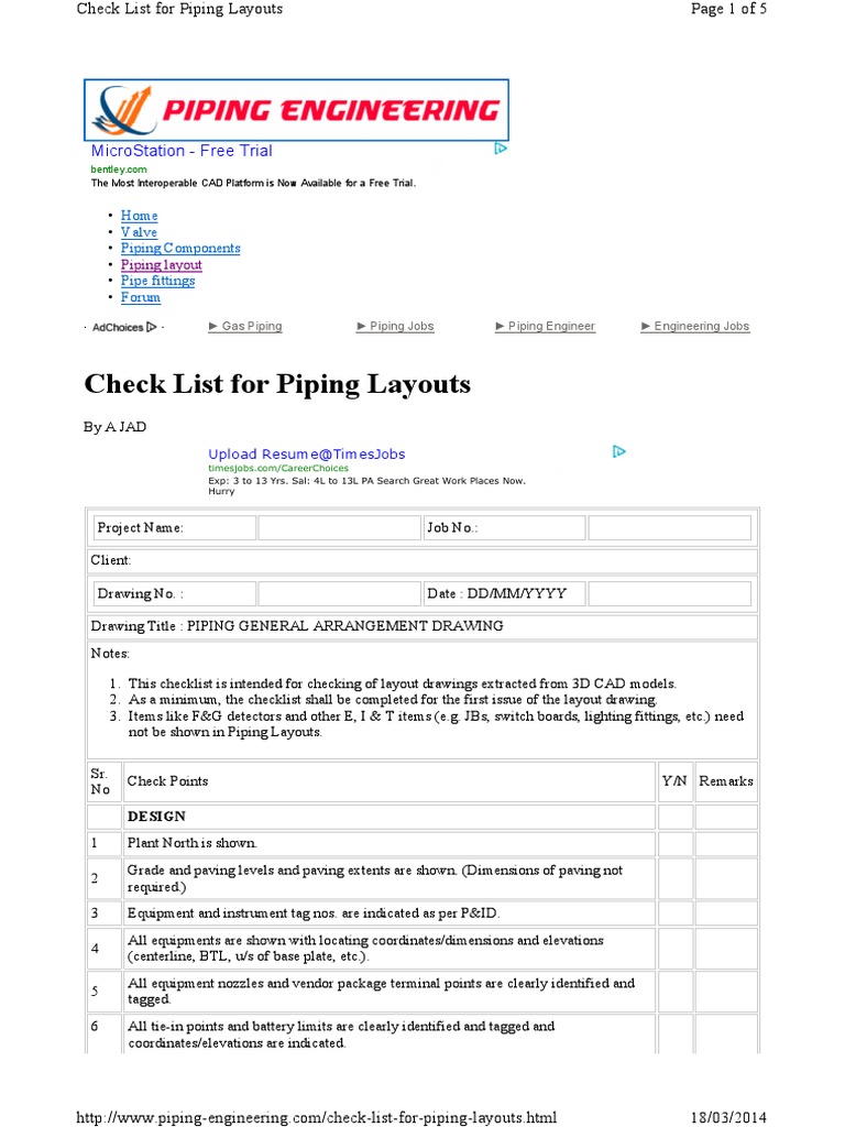 Check List For Piping Layouts | PDF | Technical Drawing | Computing