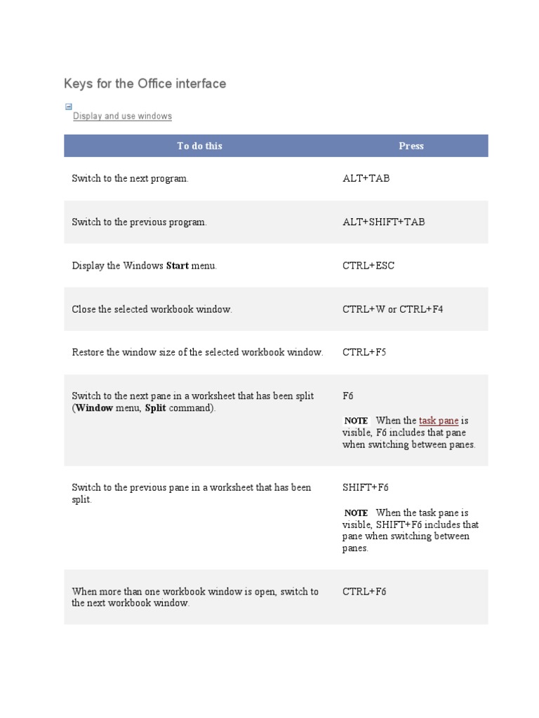 Office Keyboard Shortcuts Guide | PDF | Menu (Computing) | Tab (Gui)