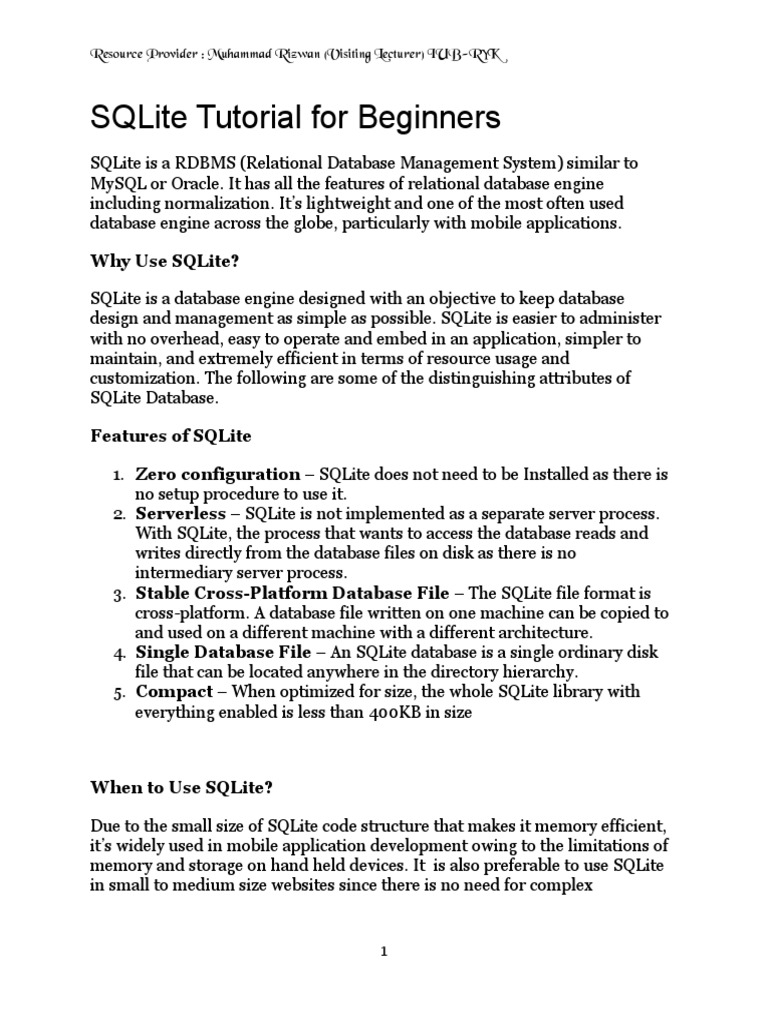 Sqlite Tutorial For Beginners Pdf Data Type Databases