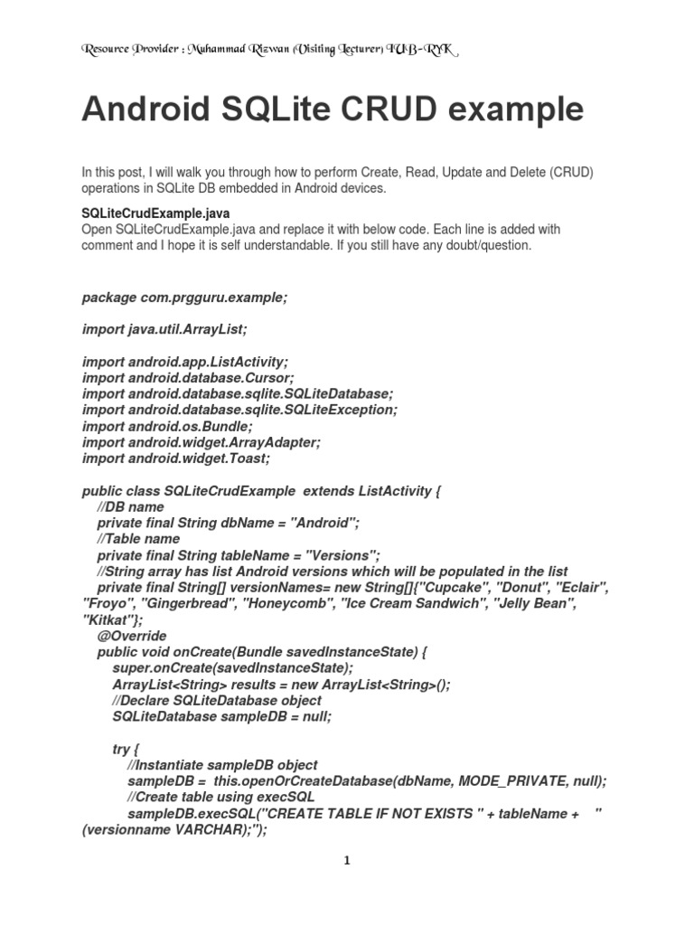 Performing Crud Operations On An Sqlite Database In Android An Example Pdf Android 