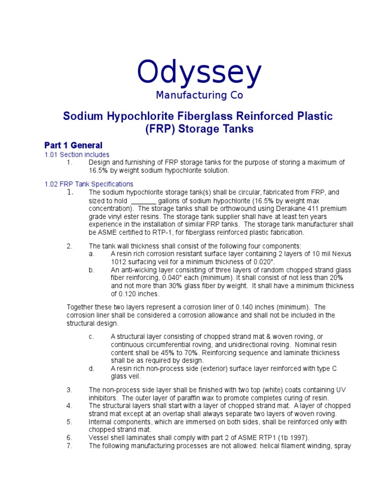 FRP - Spec For Hypo Storage Tanks | PDF | Fiberglass | Fibre Reinforced ...