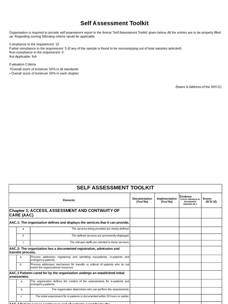 Shco Entry Level Self Assessment Toolkit | PDF