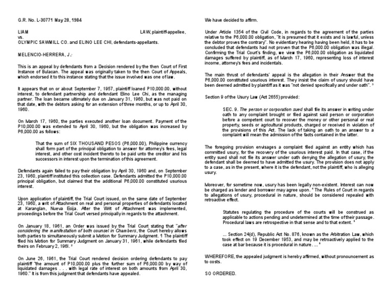 Liam Law Vs Olympic Sawmill | PDF | Usury | Lawsuit