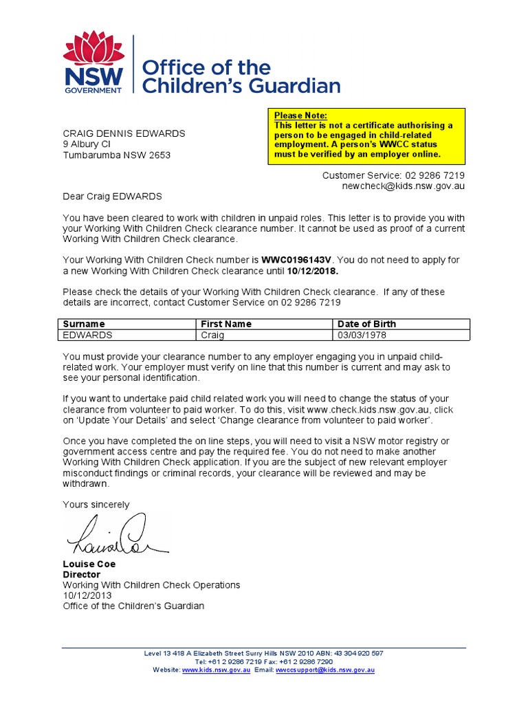 Working With Children Check Clearance Letter | PDF