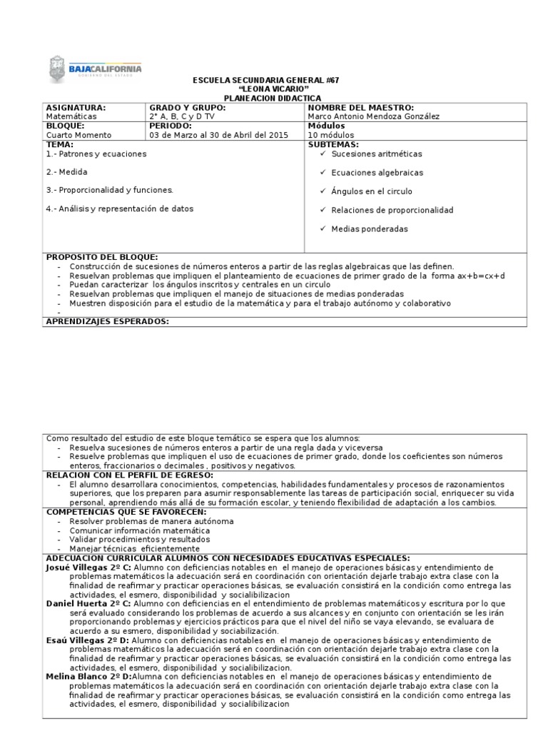 Plan de Clases Matematicas 2dos (4to Bloque) | PDF | Evaluación | Ecuaciones