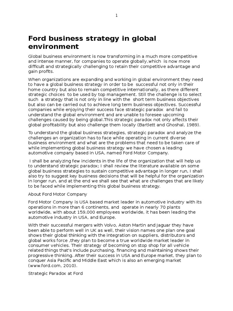 Ford Business Strategy In Global Environment Pdf Strategic