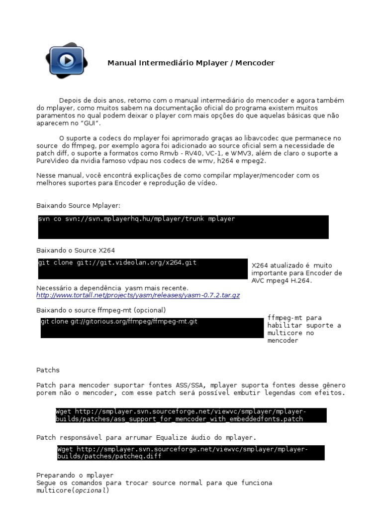 Manual Intermediário Mplayer / Mencoder | PDF | Multimídia | Informática